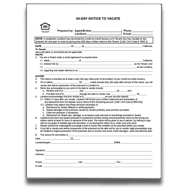 California 60 Day Notice To Terminate Tenancy American Landlord