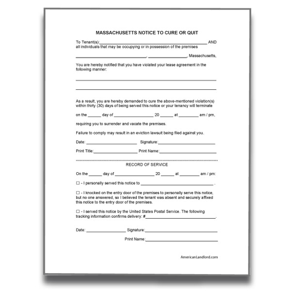 Massachusetts 30 Day Notice To Quit American Landlord
